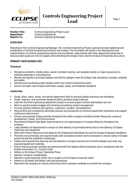 Controls Engineering Project Lead Pdf Engineering Project Management