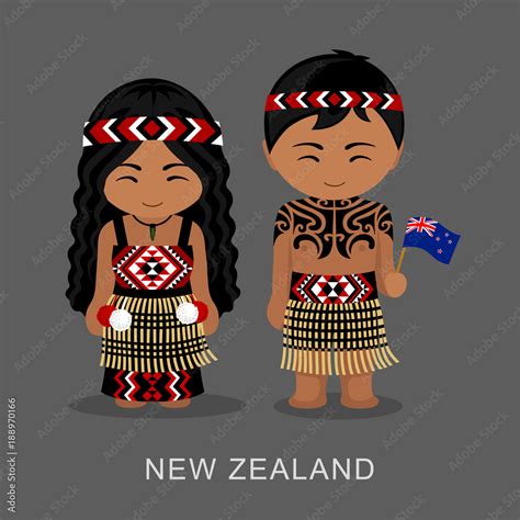 Maori New Zealanders In National Dress With A Flag Man And Woman In Traditional Costume