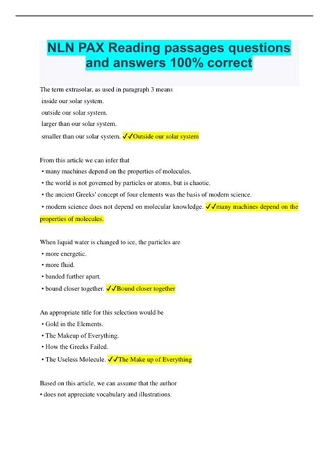 Nln Pax Reading Passages Questions And Answers 100 Correct Nln Pax Science Stuvia Us