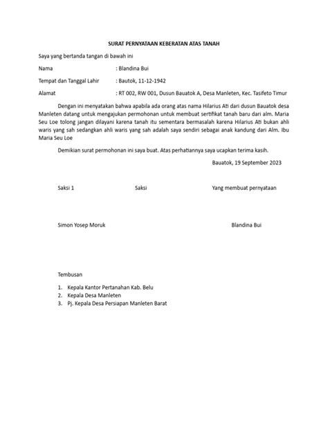 Surat Pernyataan Keberatan Tanah Pdf