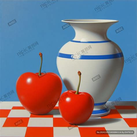 Ai创作图lowpoly樱桃 静物写实画 水果和花瓶 静物插画 具象静物画 Lowpoly苹果 红色美食场景 Lowpoly水果 创意红苹果