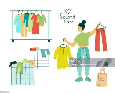 옷을 사는 소녀 고객 벼룩시장이나 중고품 가게에서 쇼핑하는 여자 에코 지속 가능한 패션 개념입니다 만화에 대한 스톡 벡터 아트 및 기타 이미지 Istock