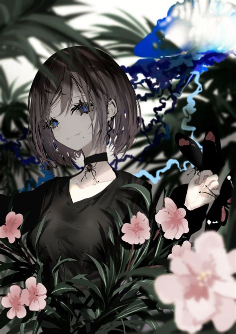 Safebooru 1girl Black Choker Black Shirt Blue Eyes Bob Cut Brown Hair