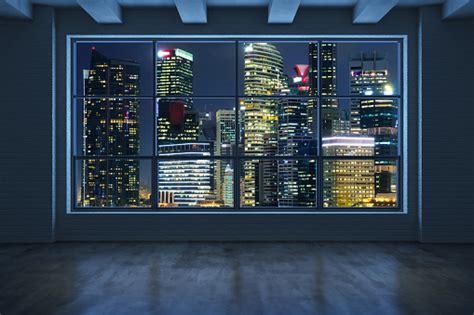 다운타운 싱가포르 시티 스카이 라인 건물 고층 창문에서 내려다 보는 아름다운 비싼 부동산 빈 방 내부 고층 빌딩 전망 야간 시간 3d 렌더링 0명에 대한 스톡 사진 및 기타