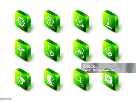 돋보기 화학식 시험관 플라스크 아래에 미생물을 설정하고 독성 액체 눈 스캔 돋보기 및 원자 아이콘을 사용합니다 벡터 3차원 형태에 대한 스톡 벡터 아트 및 기타 이미지