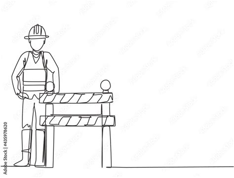 Continuous One Line Drawing A Construction Worker Is Standing Next To The Under Construction
