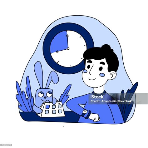 시계를 가진 소년 시간 엄수 간판 일정 모래 시계 알람 시계 타이머 스톱워치 24 시계 주위 약속 시간 관리 개념입니다 플랫 스타일의 블루 색상의 벡터 그림 24에 대한