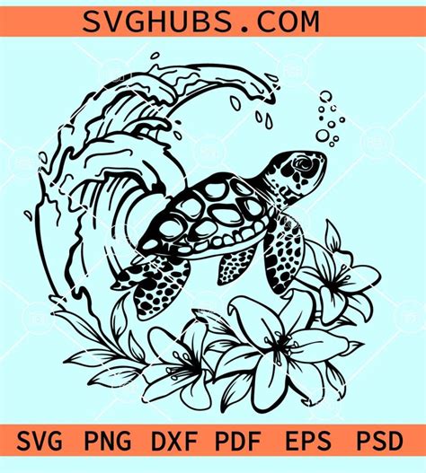 Turtle With Wave Svg Sea Turtle Svg Floral Turtle Sea Wave Svg