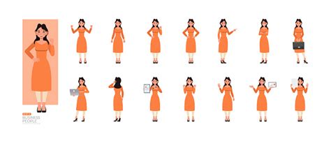 인도 사업가의 큰 세트는 오렌지 드레스 캐릭터 벡터 일러스트 레이 션을 입는다 다양한 동작으로 프레젠테이션합니다 사무실 계획 사고 및 경제 분석 분야에서 일하는 사람들