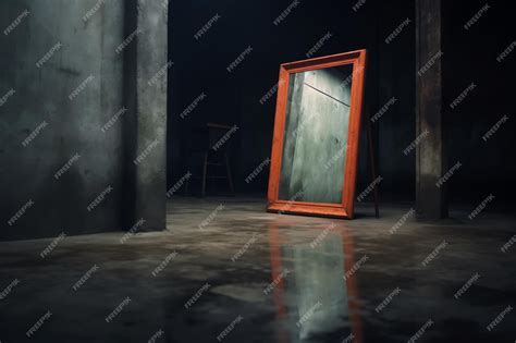 Premium Photo A Mirror With A Wooden Frame With A Dark Reflective Cement Floor With A Blurry
