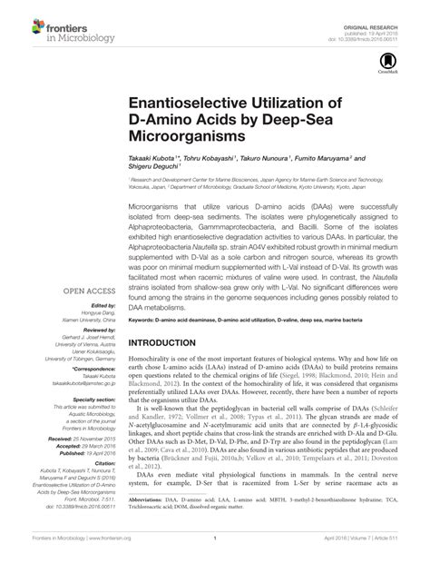 Pdf Enantioselective Utilization Of D Amino Acids By Deep Sea Microorganisms