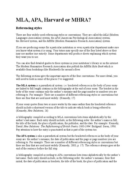 Mla Apa Harvard Or Mhra Referencing Styles Pdf Citation Written Communication
