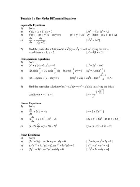 Tutorials 1 Pdf Ordinary Differential Equation Equations