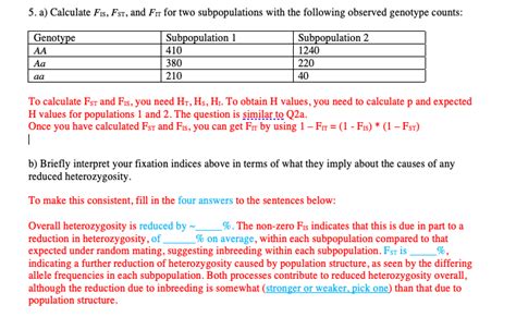 Solved 5 A Calculate Fis Fst And Fit For Two Chegg Com