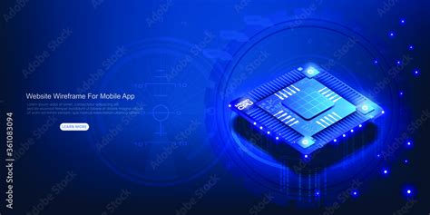 Futuristic Neon Microprocessor On Blue Background Microchip For Data
