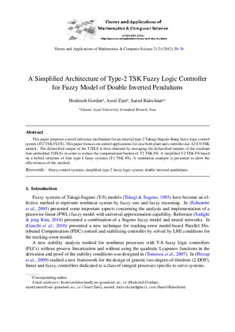 Pdf A Simplified Architecture Of Type 2 Tsk Fuzzy Logic Controller For Fuzzy Model Of Double