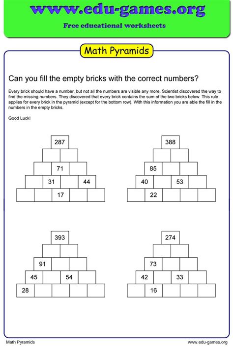 Math Pyramid Fill In The Missing Numbers