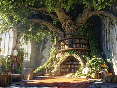 A Magical Library Nestled Within A Giant Tree Lush And Enchanting Stock Illustration