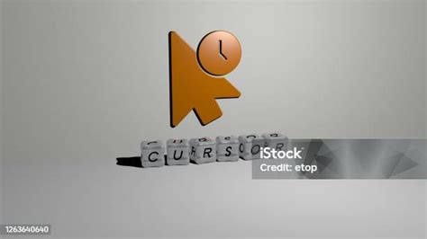개념 의미와 슬라이드 쇼 프리젠 테이션을위해 거울 바닥에 금속 입방 문자로 정렬 된 벽과 텍스트에 아이콘이있는 Cursor의 3d 표현 일러스트와 화살표 0명에 대한 스톡
