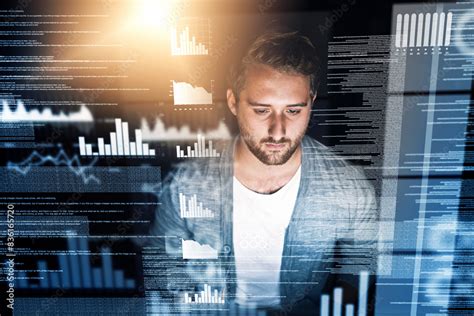 Man Web Design And Overlay For Coding Software Statistics And Fintech