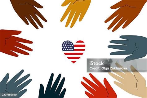 아시아계 미국인 및 태평양 섬 주민 유산의 달 추상 배너 다양한 손과 미국 국기 심장 벡터 플랫 인사말 카드 또는 배너입니다 5월에 대한 스톡 벡터 아트 및 기타 이미지