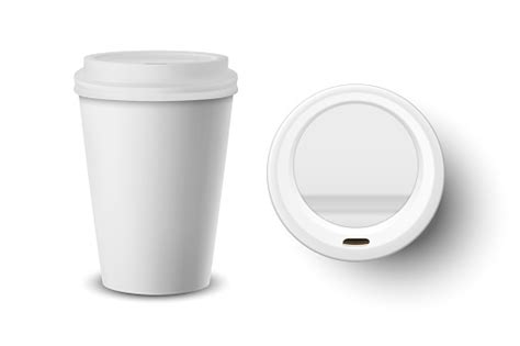 벡터 3d 현실적인 흰색 일회용 폐쇄 종이 흰색 뚜껑 설정 닫닫기 설정 음료에 대 한 플라스틱 커피 컵 흰색 배경에 격리 디자인