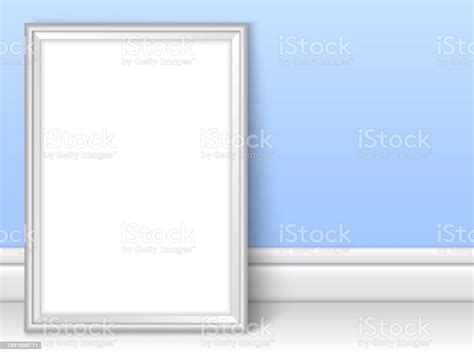 파란색 벽 근처의 사진 프레임 템플릿 사실적인 모형 벡터 아이들이 그리기 그림 또는 사진을 찍는 데 좋은 프레임의 귀여운 색상 어린이 방 또는 학교 테마 디자인을위한 실버