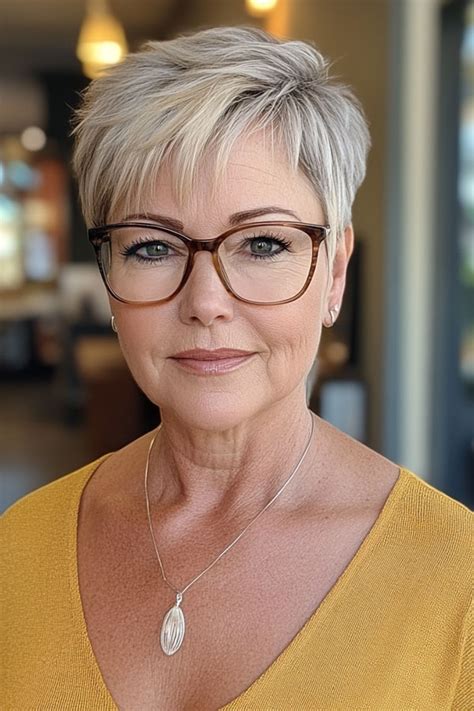 30 Short Haircuts For Women Over 60 With Glasses Polished Platinum Pixie