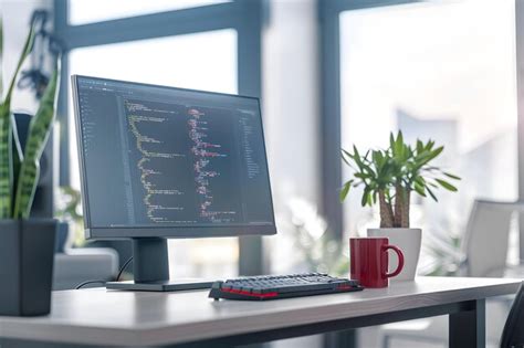 Modern Workspace With Desktop Computer And Code Display Ideal For Programmers And Software