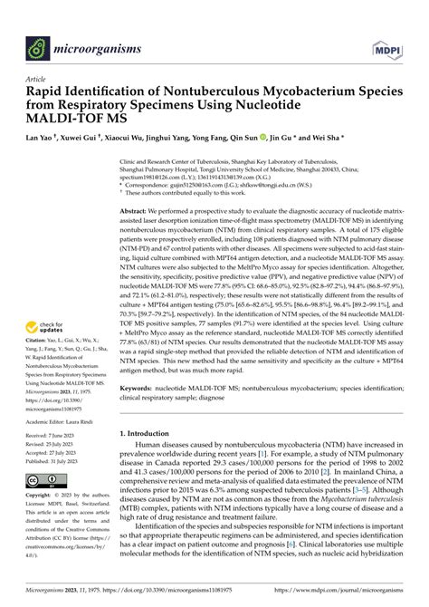 Pdf Rapid Identification Of Nontuberculous Mycobacterium Species From Respiratory Specimens