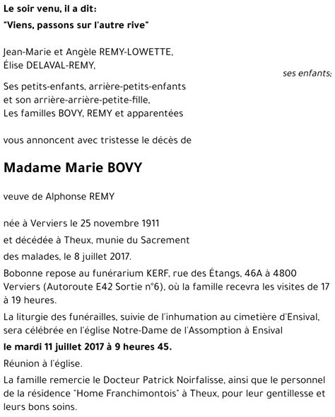 Avis De Décès De Marie Bovy Décédé Le 08 07 2017 à Theux Annonce Condoléances Fleurs Etc