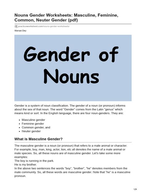 Nouns Gender Worksheets Masculine Feminine Common