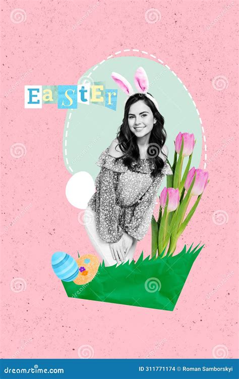 Vertical Creative Photo Collage Young Carefree Smiling Woman Rabbit