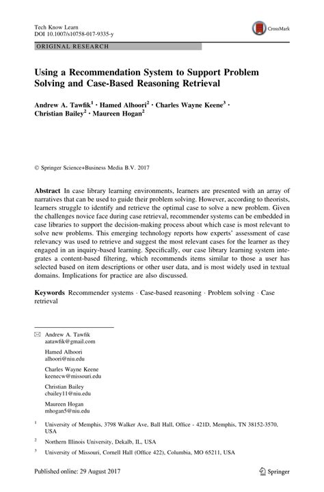 Pdf Using A Recommendation System To Support Problem Solving And Case Based Reasoning Retrieval