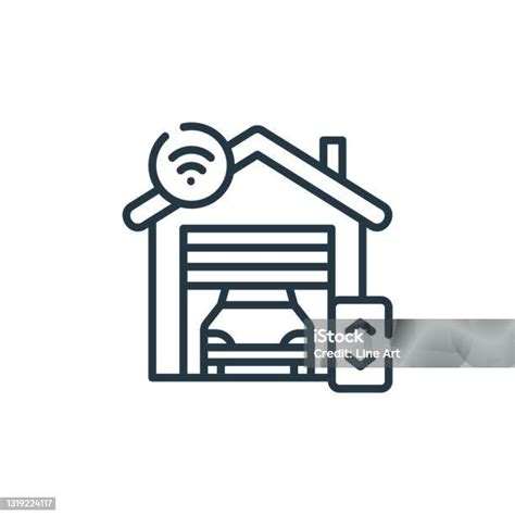 스마트 홈 개념에서 차고 아이콘 벡터 차고 편집 가능한 스트로크의 얇은 선 그림 웹 및 모바일 앱 로고 인쇄 미디어에 사용하기 위한 차고 선형 기호 건축에 대한 스톡 벡터