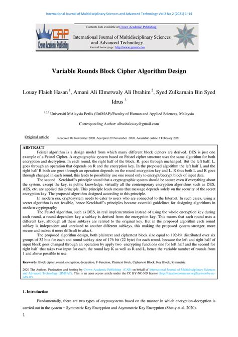 Pdf Variable Rounds Block Cipher Algorithm Design