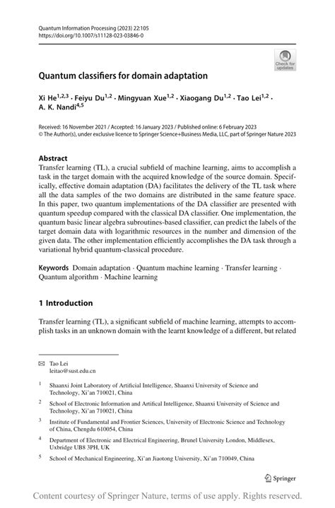 Quantum Classifiers For Domain Adaptation Request Pdf