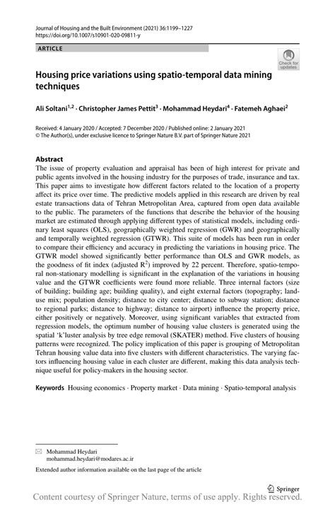 Housing Price Variations Using Spatio Temporal Data Mining Techniques Request Pdf