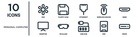 개인용 컴퓨터 개요 아이콘 세트에는 얇은 라인 팬 이더넷 Hdmi Vr 유리 Ssd 드라이브 보고서 프레젠테이션 다이어그램 웹 디자인을위한 모니터 아이콘이 포함됩니다 0명에