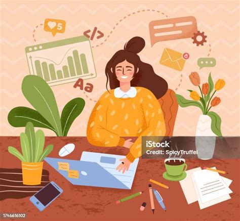 프리랜서 작업 홈 오피스 컴퓨터에 여자입니다 개발자 또는 비서 직업 책상에 앉아 있는 여성 비즈니스 마케팅 테이블 위에 꽃과