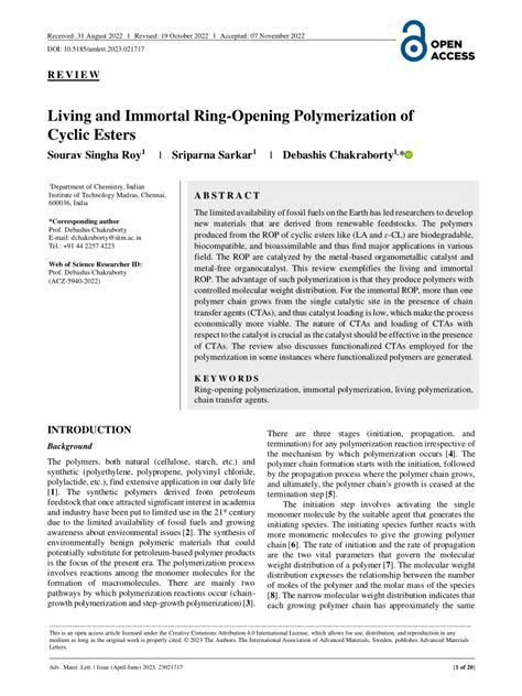 Pdf Living And Immortal Ring Opening Polymerization Of Cyclic Esters