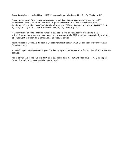 Como Instalar Y Habilitar Net Framework En Windows 10 Pdf Pdf
