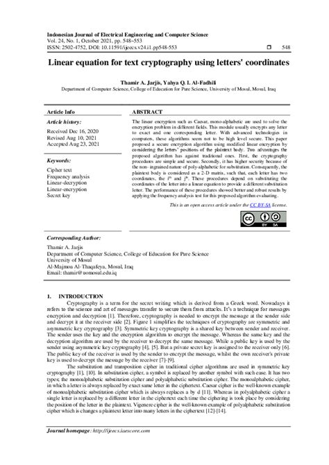 Pdf Linear Equation For Text Cryptography Using Letters Coordinates