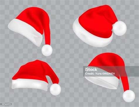 현실적인 산타 모자 투명 한 배경에 고립의 큰 집합입니다 벡터 산타 클로스 모자 Colllection 크리스마스 그림 휴일 모자 니트 모자에 대한 스톡 벡터 아트 및 기타