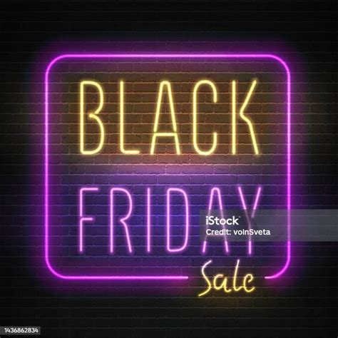블랙 프라이데이 판매 벡터 배너 복고풍 템플릿 보라색 노란색 네온 라이트 상자 검은색에 대한 스톡 벡터 아트 및 기타 이미지