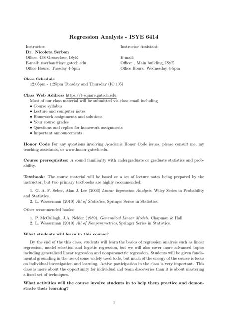Isye 6414 Syllabus Pdf Regression Analysis Linear Regression