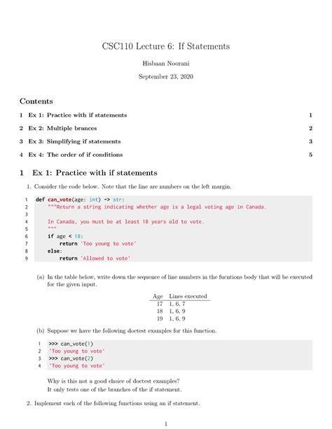Lecture 06 Exercises CSC110 Lecture 6 If Statements Hisbaan Noorani