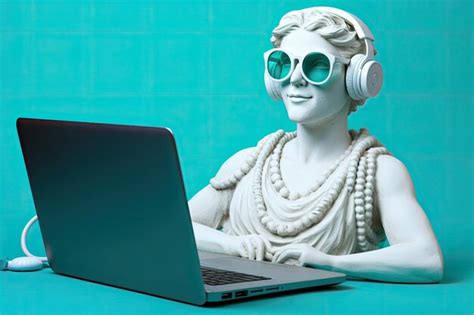 Premium Ai Image Greek Statue Smiling Wear Sunglasses Programming On Laptop