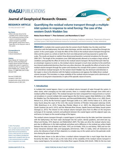Pdf Quantifying The Residual Volume Transport Through A Multiple Inlet System In Response To
