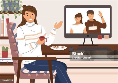 화상 통화 온라인 컨퍼런스를 통해 서로 이야기하는 친구들 부부와 의사 소통하는 소녀 개념에 대한 스톡 벡터 아트 및 기타 이미지 개념 남자 대기 Istock